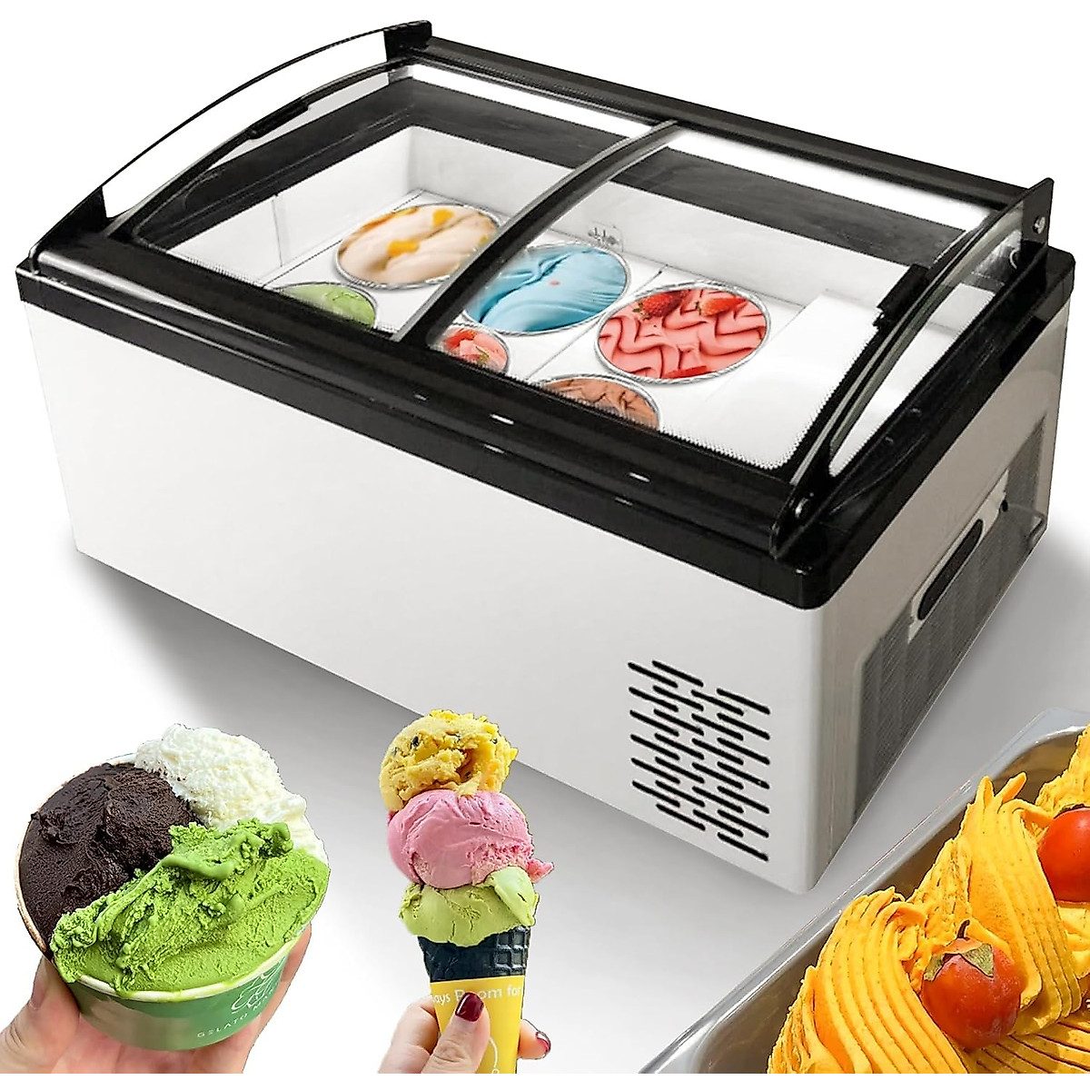 Yovtekc Commercial Countertop Hard Ice Cream Showcase, Gelato Display Freezer Case, Italian Ice Cream Display, Gelato Freezer Showcase Fast Cooling with LED Light, White