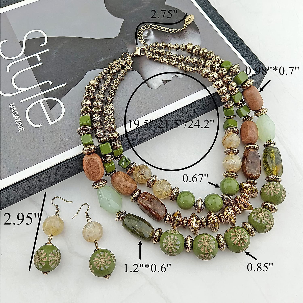 Bocar 3 Layer Chunky Statement Beaded Necklace Set with Earrings Fashion Multi Layer Women Collar Necklace (NK-10625-Olive)
