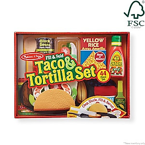 Melissa & Doug Fill & Fold Taco & Tortilla Set, 43 Pieces – Sliceable Wooden Mexican Play Food, Skillet, and More - FSC Certified