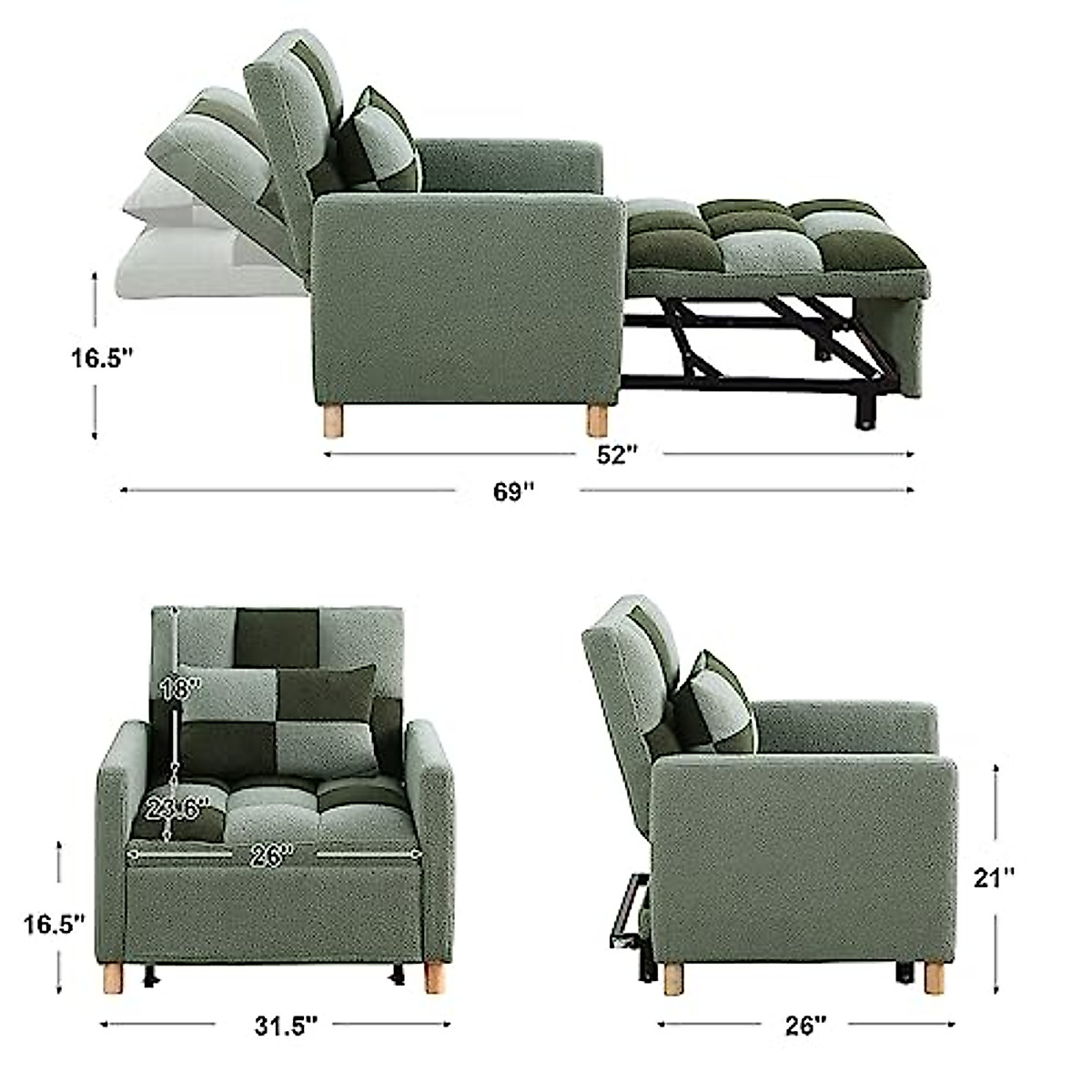 HANLIVES 3-in-1 Single Convertible Chair Bed,Sleeper Sofa Chair Bed with Pillow,Multi-Functional Sleeper Chair with Adjustable Backrest,pullout Sofa Bed with Teddy Fabric for Apartment(Green)