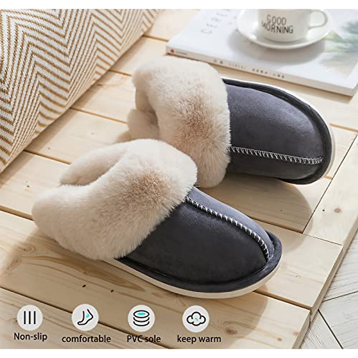 Reenloon Womens Slipper Memory Foam Fluffy Soft Warm Fuzzy Slippers Winter Anti-Skid Indoor Outdoor Slip-On Slippers Khaki