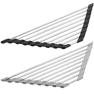 Fasmov 2 Pack Dish Drying Rack, 304-Stainless Steel Sink Organizer for Sponge, Brush, Scrubber, Soap Dispenser Holder, Corner Dish Drying Rack, Gray & Black