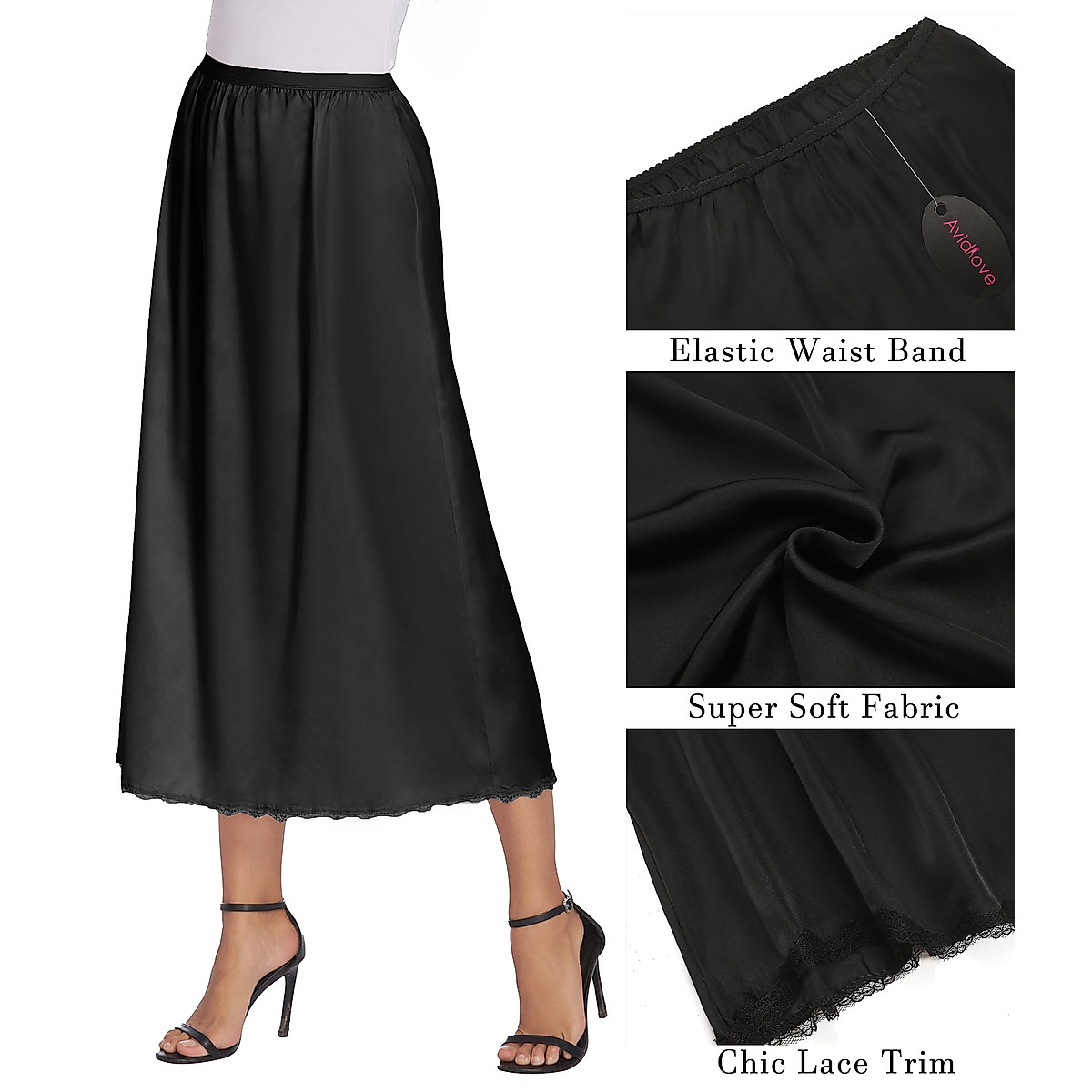 Avidlove Women's Flare 36" Long Satin Half Slip with Lace Trim(Black,L)