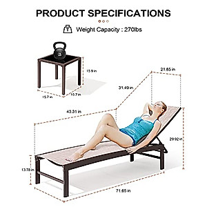 Crestlive Products 2PCS Patio Chaise Lounges and 1PC Table Set Aluminum Adjustable Lounge Chairs with Tempered Glass Side Table, Curved Design, All-Weather Outdoor Recliners (Beige)