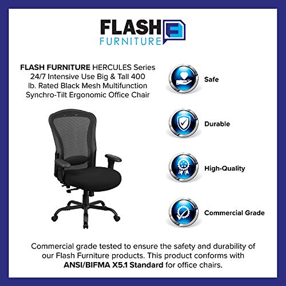 Flash Furniture HERCULES Series 24/7 Intensive Use Big & Tall 400 lb. Rated Black Mesh Multifunction Synchro-Tilt Ergonomic Office Chair