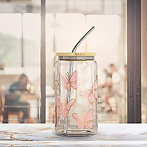 Iced Coffee Cup with Bamboo Lids and Straws | 16 oz Mason Jar Cups & Iced Coffee Tumbler with Lid and Straw | Glass Cups for Iced Coffee, Boba Cup | Beer Can Glass & Smoothie Cup - Butterfly
