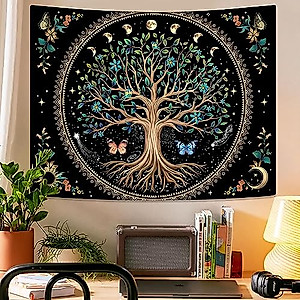 Lunerfex Tree of Life Tapastry Butterfly Moon Flower Boho Floral Plant Tapestries for Bedroom Aesthetic's Wall Hanging Mandala Botanical Tapestry for Living Room Dorm (black, 60x80 inches)