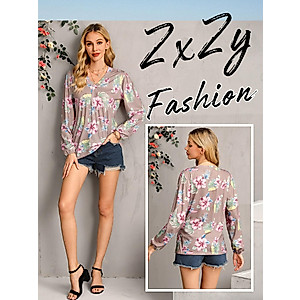ZXZY Womens Hawaiian Shirt Vintage Leaf Floral Printed Tropical Tops V Neck Puff Long Sleeves Shirts Coffee