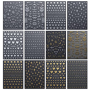 JMEOWIO 12 Sheets Moon Star Nail Art Stickers Decals Self-Adhesive Pegatinas Uñas Gold Silver Nail Supplies Nail Art Design Decoration Accessories