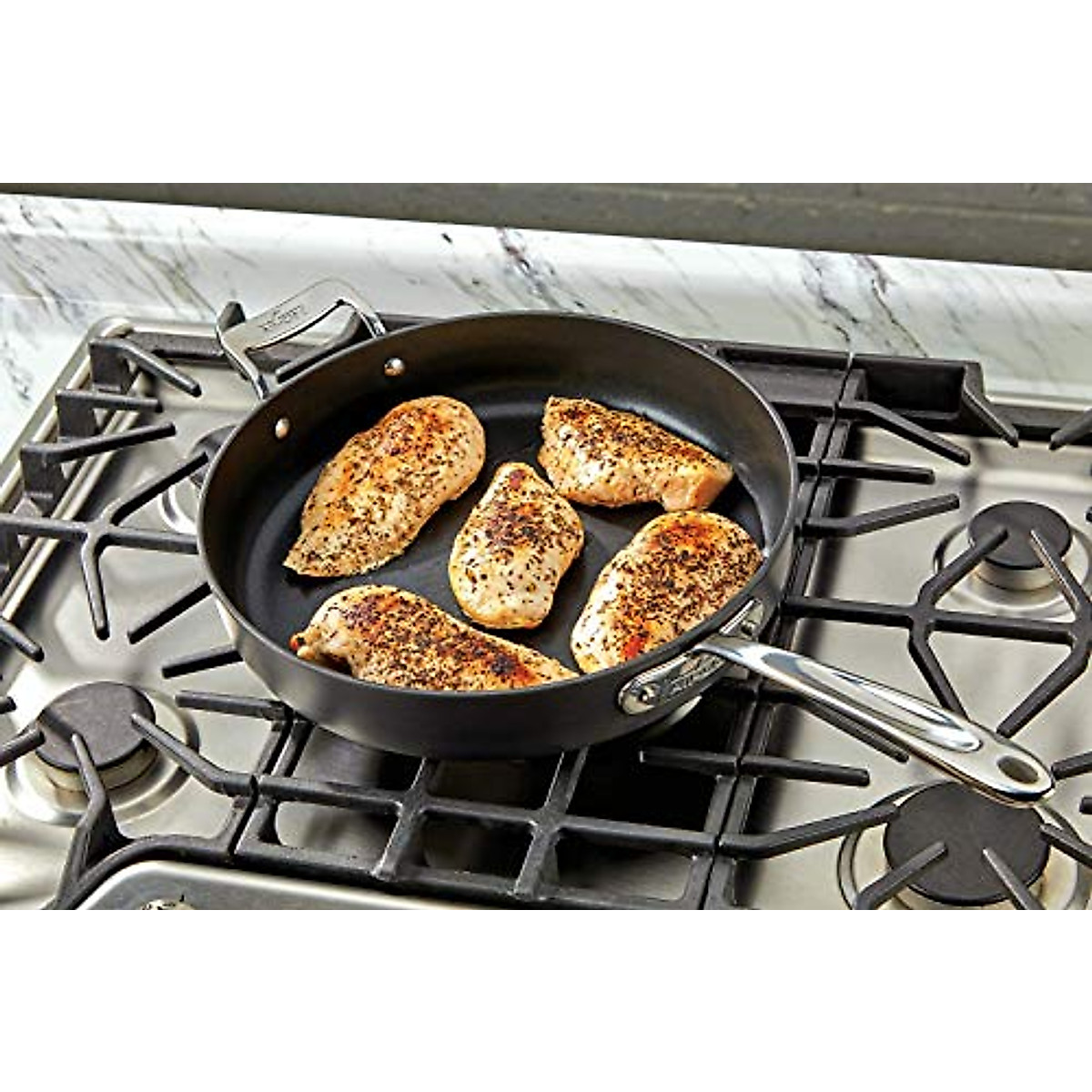 All-Clad Essentials Hard Anodized Nonstick 4 Piece Sauce Pan Set 8, 10.25 Inch, 4 Quart Pots and Pans, Cookware Black & HA1 Hard Anodized Nonstick Griddle 11 x 11 Inch Pots and Pans, Cookware Black