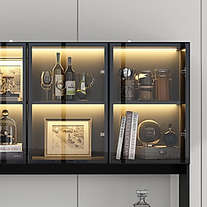 Hitow Glass Door Cabinet with Lights and 8 Storage Shelves, Tall Modern Display Storage Organizer with Hutch, 2 Drawers and 2 Doors, Wooden Bookcase Bookshelf for Living Room, Home Office, Black