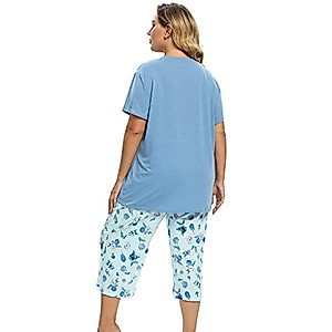 Vozanet Women's V Neck Sexy Pajama Sets Capri Sleepwear Floral Elegant Nighty 2PCS Plus Size S-3XL, Florals-Blue, XXX-Large