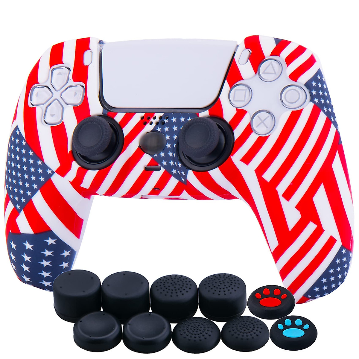 YoRHa Water Transfer Printing Silicone Thickened Cover Skin Case for PS5 Controller x 1(US Flag) with Thumb Grips x 10