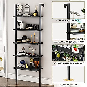 AWQM Black Bookshelf, 5 Tier Modern Bookcase,Wood Wall Mounted Bookshelf,Industrial Ladder Shelf with Stable Metal Frame,Open Display Rack Storage Shelves for Living Room/Home/Office
