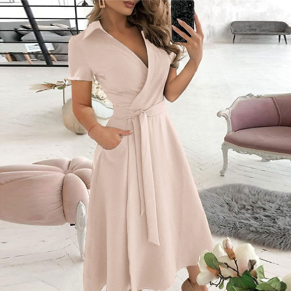 Womens Solid Color Long Dress Short Sleeve V Neck Summer Elegant Dress Office Lady Shirt Dresses With Belt (Khaki, L)