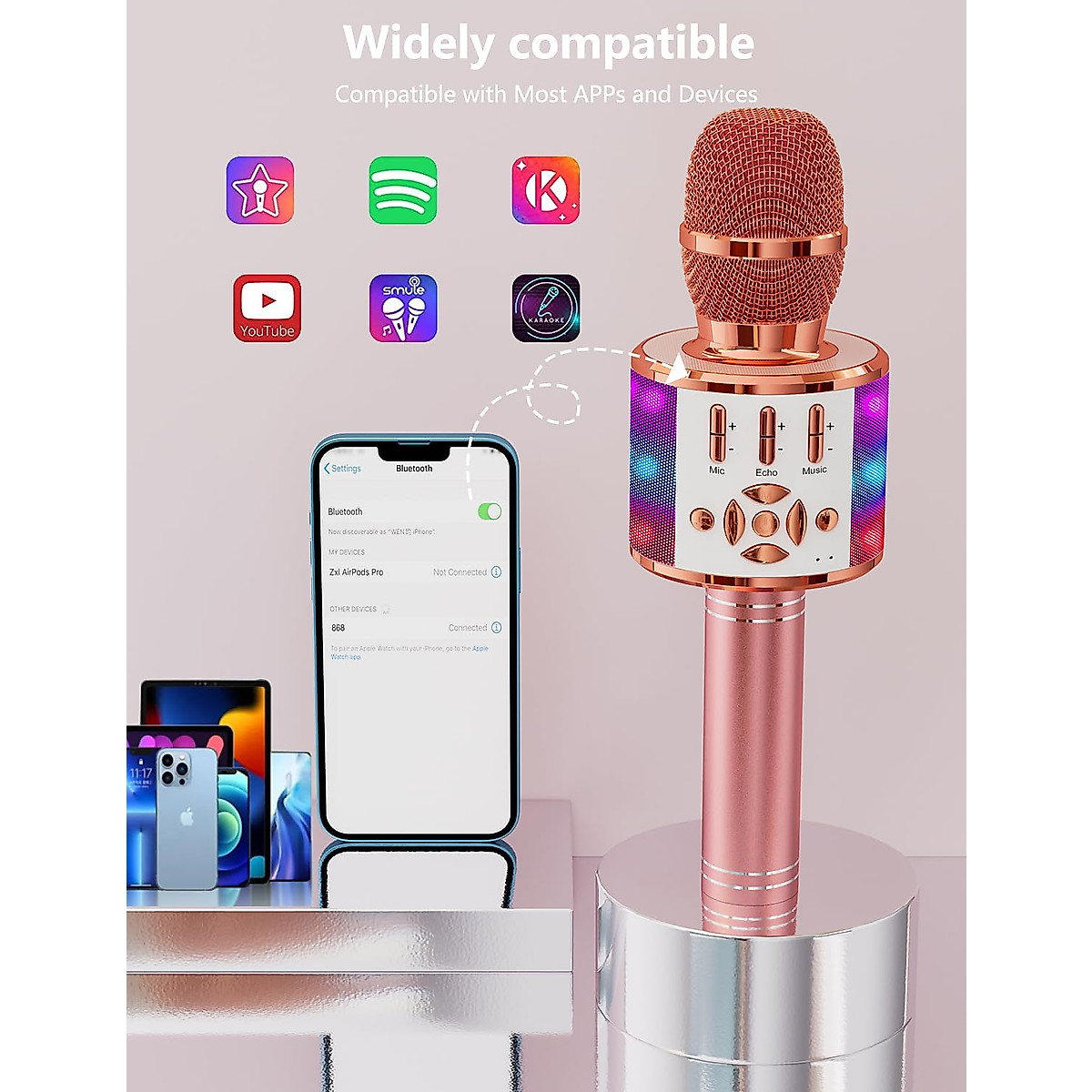Ankuka Karaoke Microphone for Kids, Bluetooth Karaoke Microphone with LED Lights,Portable 4 in 1 Wireless Microphone Toys Christmas Birthday Gift Home Party Kids Toys for Girls Boys Adults(Rose Gold)