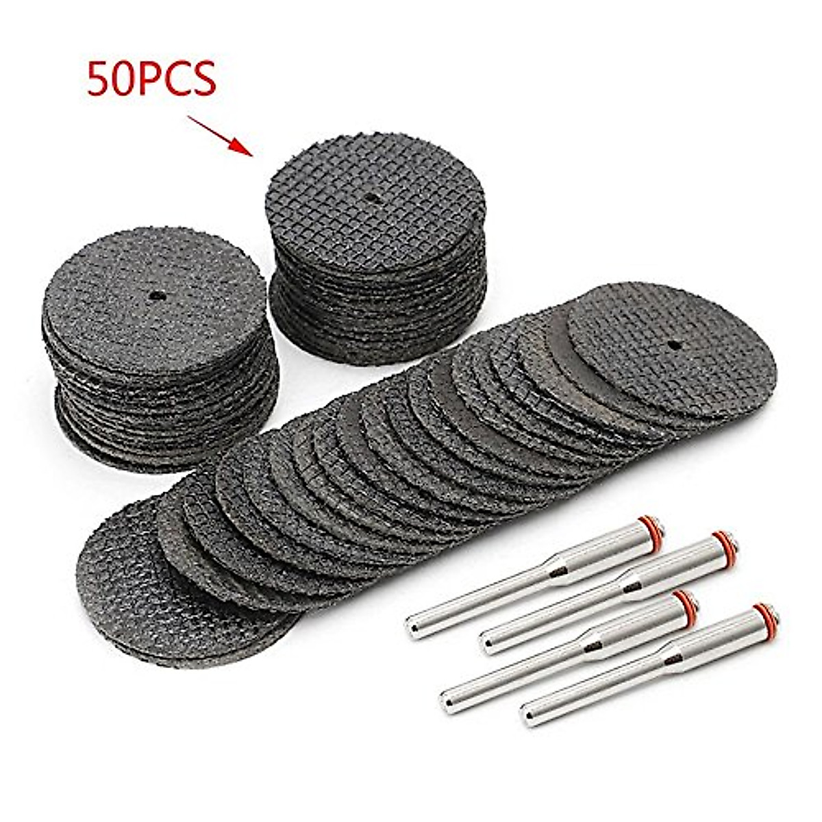 Fiberglass Reinforced Cut-Off Wheels 50 Pieces 1 1/4 inch Diameter Abrasive Cutting Tool Disc with (4) 402 Mandrels Included Rotary Discs Compatible with Dremel 426 426b