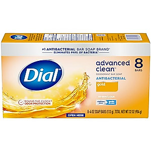Dial Antibacterial Deodorant Bar Soap, Advanced Clean, Gold, 4 Oz, 32 Bars