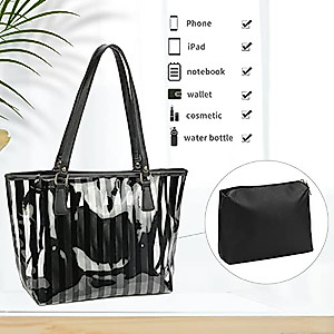 2 in 1 Semi Clear Beach Tote Bags Large Work Shoulder Bag with Interior Pouch (Black)