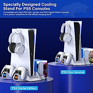 PS5 Stand and Cooling Station with Dual PS5 Controller Charging Station for Playstation 5 PS5 Console Disc/Digital Edition, PS5 Accessories, Cooling Fan, Headset Holder, 11 Game Slots, White