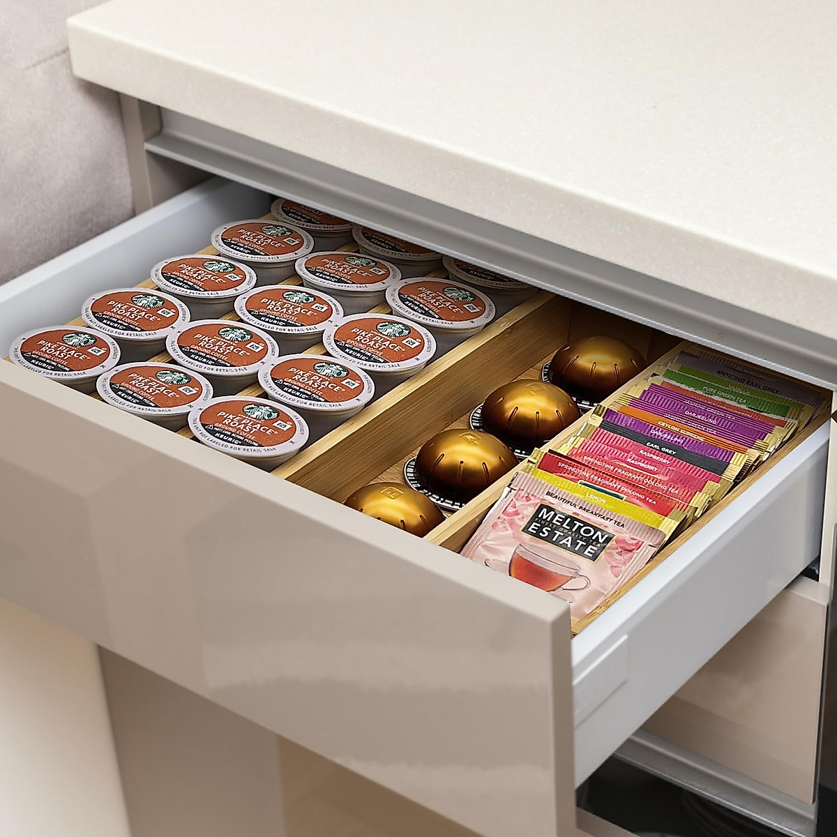 Bayting Bamboo K Cup Holder, Coffee Pod and Tea Bag Organizer for Drawer or Countertop, Adjustable K Cup or Tea Bag Organizer for Coffee Station, Up to 30 K Cups