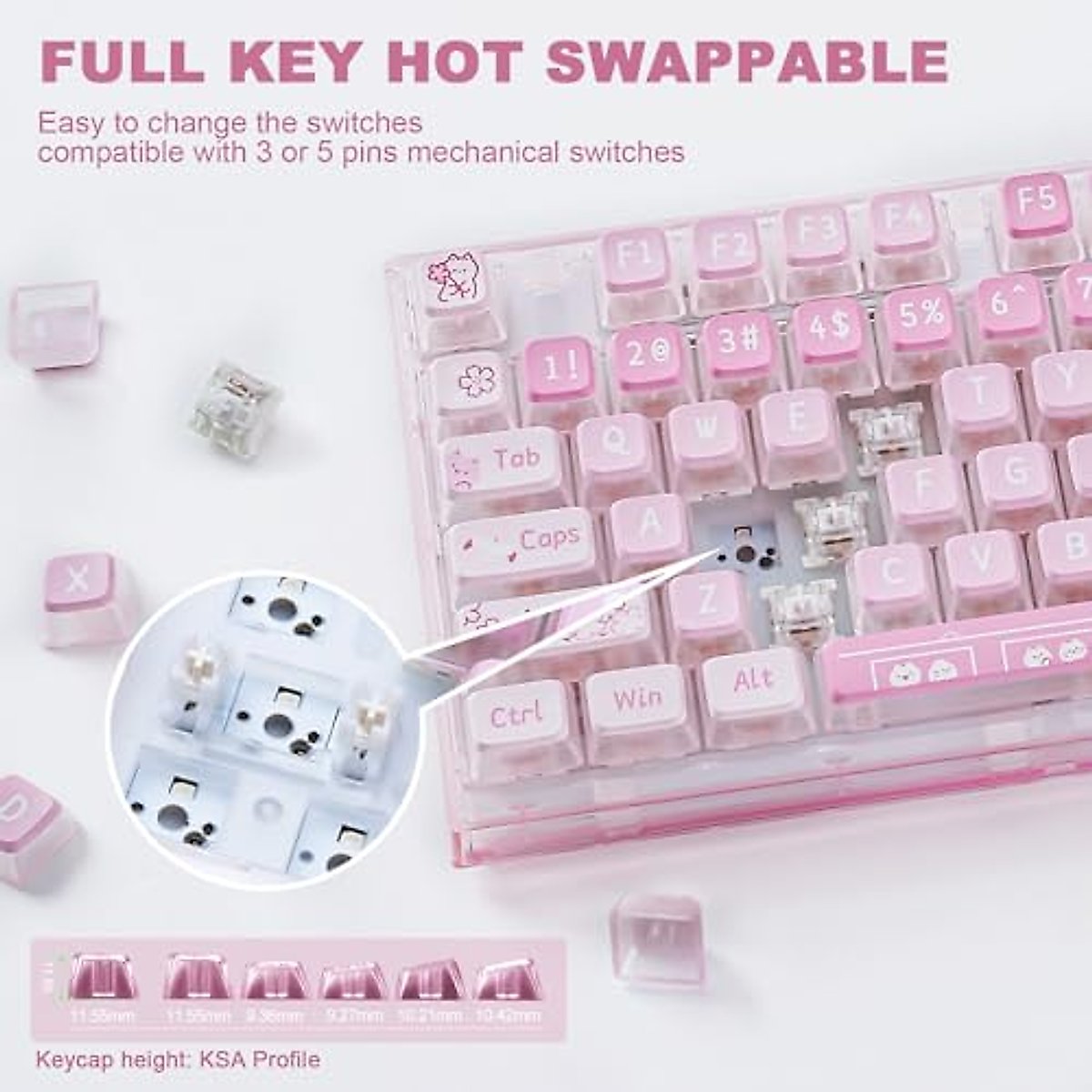 YUNZII X75 PRO 82 Key Wireless Hot Swappable Mechanical Gaming Keyboard with Transparent Keycaps,BT5.0/2.4G/USB-C, Gasket Mount Keyboard,for Windows/Mac (Crystal White Switch, Wireless-Pink)