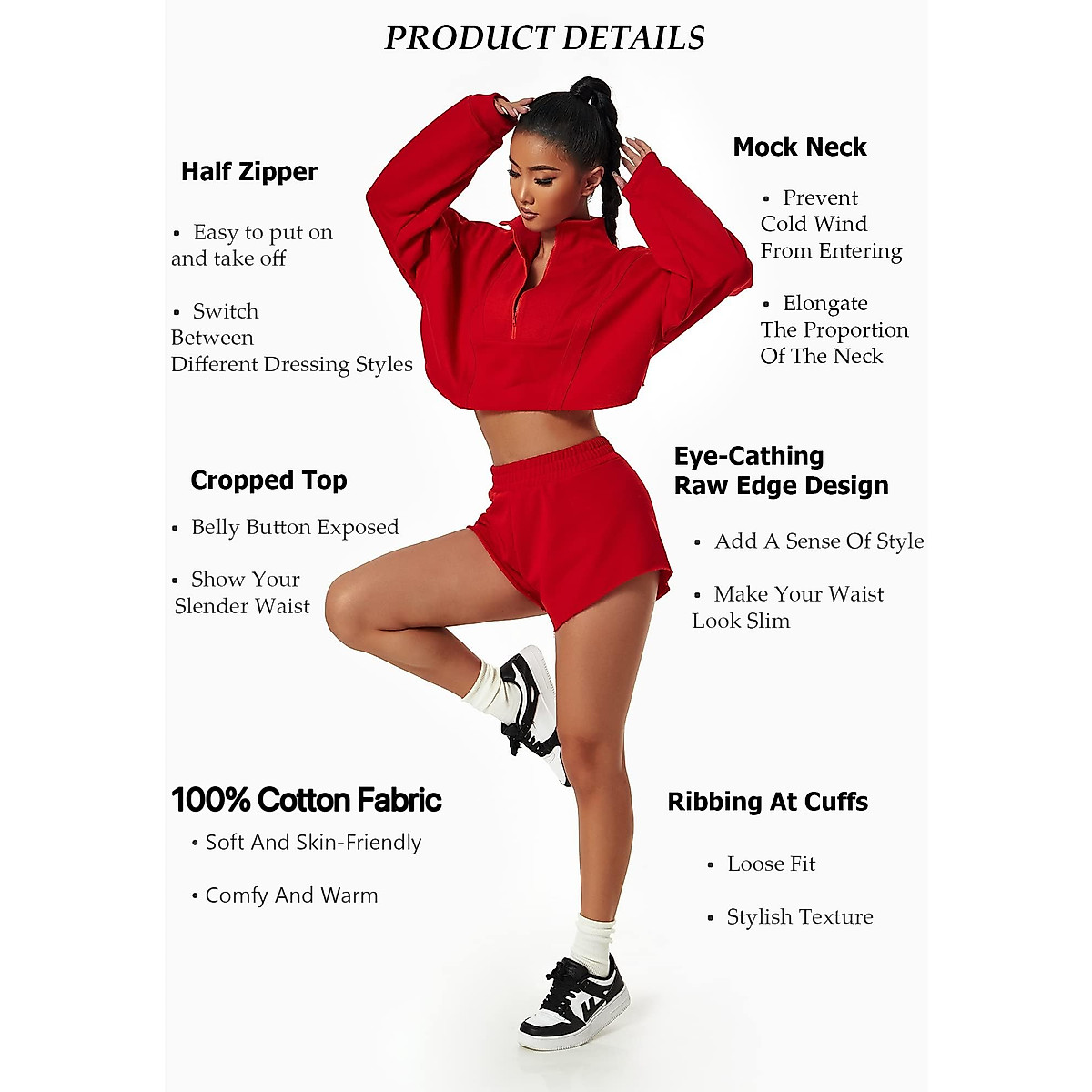 HerGymClothing Womens Cropped Sweatshirt Long Sleeve Half Zip Loose Workout Crop Athletic Jacket (Lava Red, M)