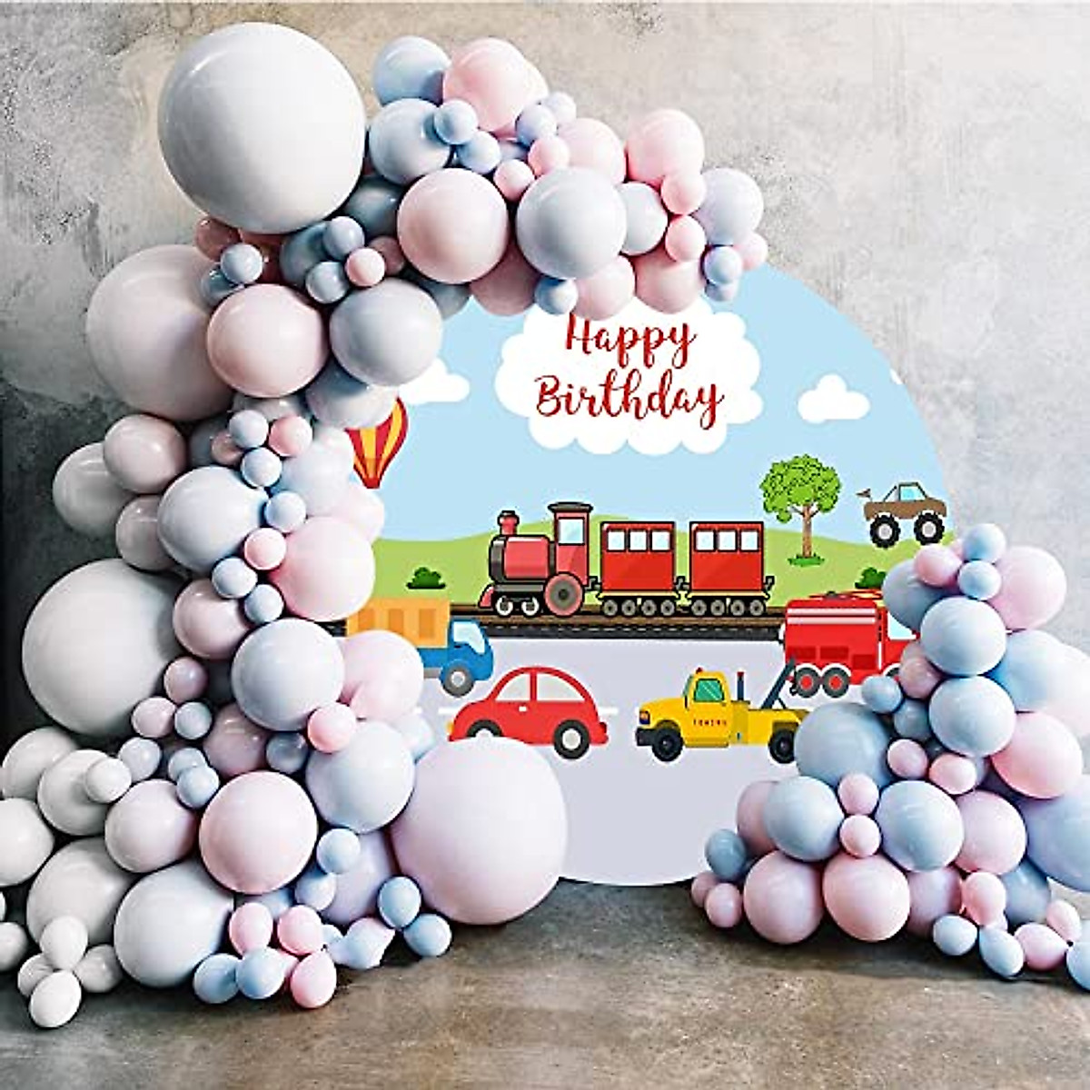AWERT Polyester Diameter 7.5ft Round Boy Transportation Theme Backdrop for Happy Birthday Party Cartoon Train Truck Car Photography Background Kids Bday Party Decoration Banner