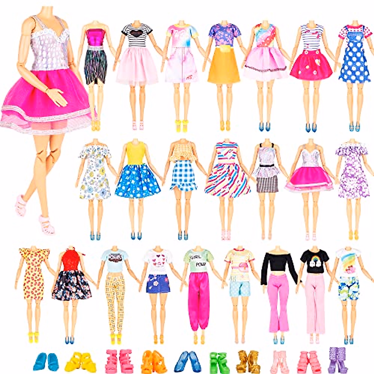 Doll Clothes and Accessories 2023 - 20 Fashion Cute in Set for Dolls, 10 Sets Fashion Outfit Include 5 Dresses, 5 Top 5 Pants and 10 Different Stylish Shoes