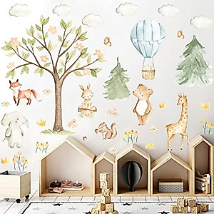 Watercolor Tree Animal Wall Stickers Forest Animals Wall Stickers Baby Room Decor Woodland Nursery Wall Decals Peel and Stick Cartoon Hot Air Balloon Animals Wall Stickers for Kids Room Playroom Decor