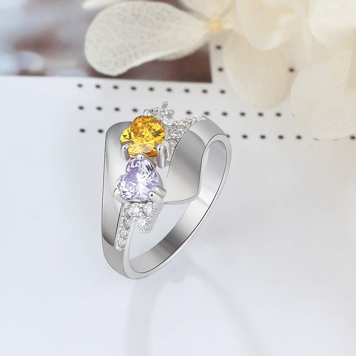 GLAMCARAT Sterling silver Personalized Promise Ring Women’s Stone Rings Heart Shaped Name Rings customized engraved name mothers ring with 2 birthstones