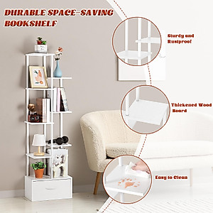 Vrisa 7 Tier Bookshelf with Storage Bookcase with Fabric Drawer Morden Book Shelf Wood Display Shelf Storage Organizer Freestanding Open Shelf Unit for Living Room, Bedroom, Home Office, White