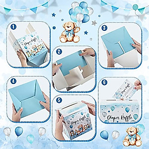 50 Pieces Diaper Raffle Tickets with Baby Shower Games Box Bear Baby Shower Game Insert Card Blue Diaper Raffle Sign Box Holder for Bear Baby Shower Gender Reveal Birthday Party Game Supplies