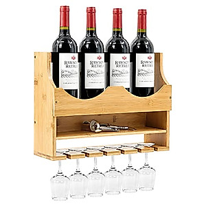 Utoplike Wall Mounted Wine Rack with Glass Holder, Wall Wine Glass Bottle Racks, Bamboo Hanging Bottle Holder Storage for Kitchen, Dining Room, Bar