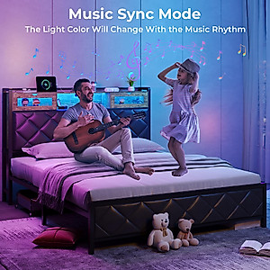 DICTAC Queen LED Bed Frame with Bookcase Storage Headboard, Charging Station,Hidden Storage Space Metal Platform Bed Frame with Storage Shelves & LED Lights,Faux Leather,Heavy Duty Metal Slats,Black