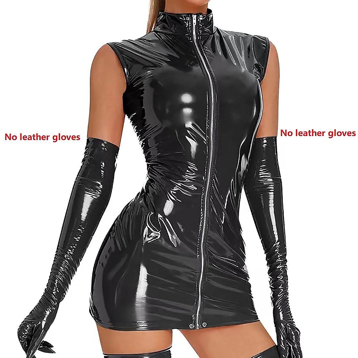 Women Sexy Tank Leather Dress, Gloves Not Included, Wetlook, Plus Size, Shiny Latex Hip Skirt, Black