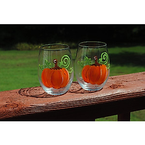 Pumpkin Hand Painted Stemless Wine Glasses Set of 2 Thanksgiving Home Decor