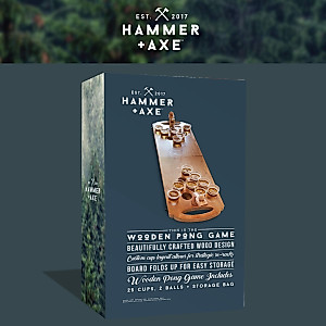 Hammer + Axe Mini Beer Pong Drinking Game, Portable Foldable Wood Tabletop Activity, Includes 25 Cups, 2 Balls, Carrying Bag, Tailgate College BBQ Party Game, College Dorm Gift, Alcohol Liquor Shots