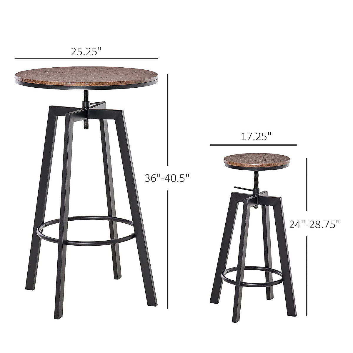 HOMCOM 3 Piece Industrial Adjustable Bar Table Set, Bar Height Bistro Table and Swivel Pub Stools for Small Space