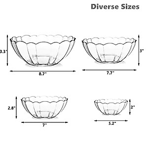 DEAYOU 4 Pack Clear Serving Bowls, Acrylic Salad Mixing Bowls, Party Snack or Chip Bowl, Break-Resistant Disposable Catering Bowls Punch Bowl for Entertaining, Fruit, Vegies, 4 Sizes, Flower-Shape