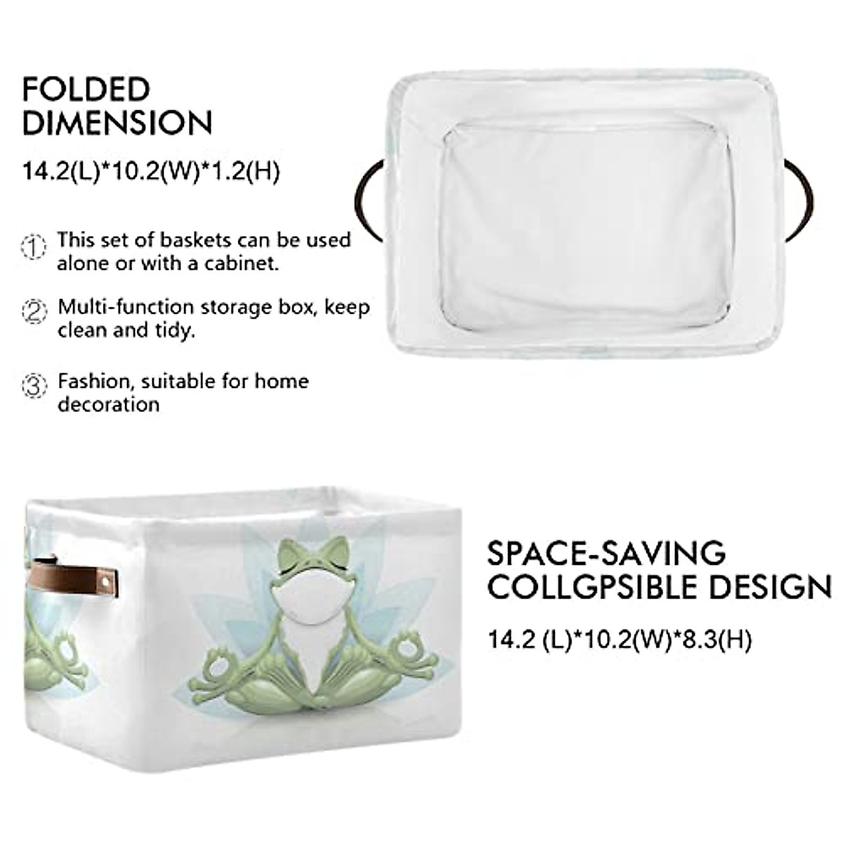 Kigai Funny Frog Doing Yoga Square Storage Basket, Portable Leather Storage Basket for Office, Furniture, 14.2 L x 10.2 W x 8.3 H In