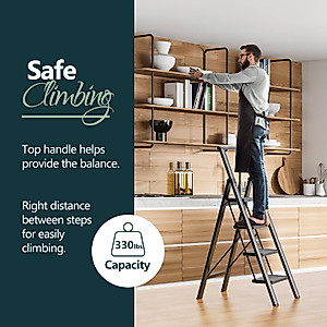 WOA WOA 4-Step Ladder with Widen Pedals, Lightweight Folding Aluminum Ladder with Anti-Slip Feet for Home, Kitchen High Cabinet - 330 lbs Load - Black