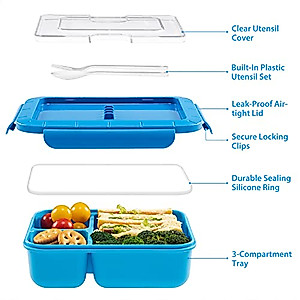 Caperci Premium Bento Box Adult Lunch Box for Older Kids - Leakproof 44 oz 3-Compartment Lunch Containers for Adults and Teens, Ergonomic Design, Built-in Utensil Set & BPA Free (Blue)