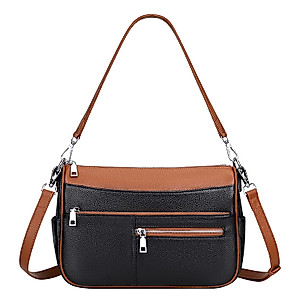 Over Earth Genuine Leather Shoulder Bag Small Crossbody Handbags for Women Ladies Purse(O131E Black/Brown)