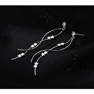 SLUYNZ Sterling Silver Star Dangle Earrings for Women Teens Girls Long Dangle Earrings Chain Curve Tassel (A-Silver)