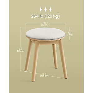 SONGMICS HOME BOHOVEN Collection - Vanity Stool, Upholstered Makeup Stool with Solid Wood Legs, Round Footstool, Non-Slip Foot Pads, Boho Style, for Bedroom, Makeup Room, Cream White and Oak Beige