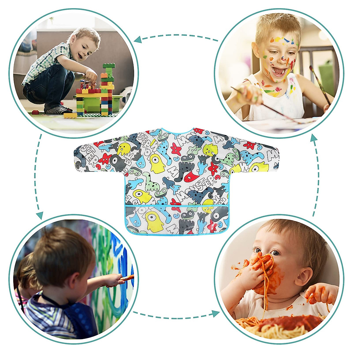 Accmor 4 Pcs Baby Long Sleeve Bibs, Waterproof Baby Bibs with Pocket, Toddler Sleeved Bib, Baby Smock for Eating Feeding, 24-36 Months