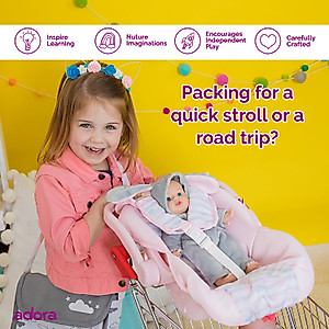 Adora Baby Doll Car Seat Carrier with Removable Seat Cover - Machine Washable, Fits Most Dolls & Plush Animals Up To 20”, Birthday Gift for Ages 2+ - Pastel Pink Hearts