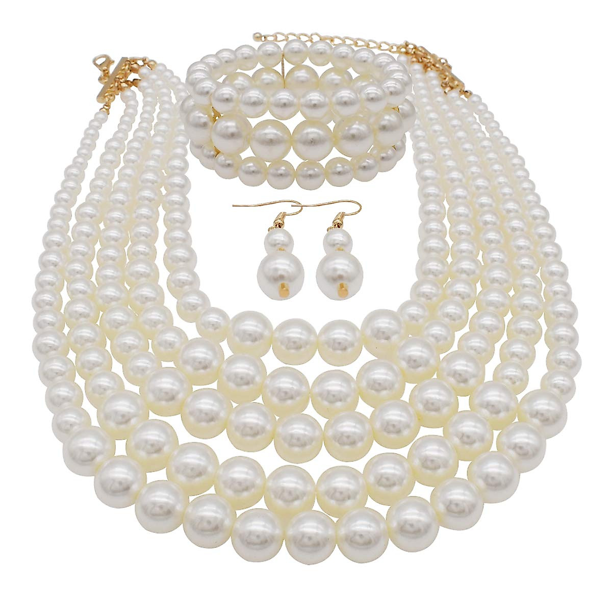 MeliMe Faux Big Pearl Srand Necklaces for Women 5 Layers Pearl Bib Collar Necklace Bracelet and Earrings set 1920s Costume Pearl Jewelry Bridal Wedding gift (white pearl necklace set)