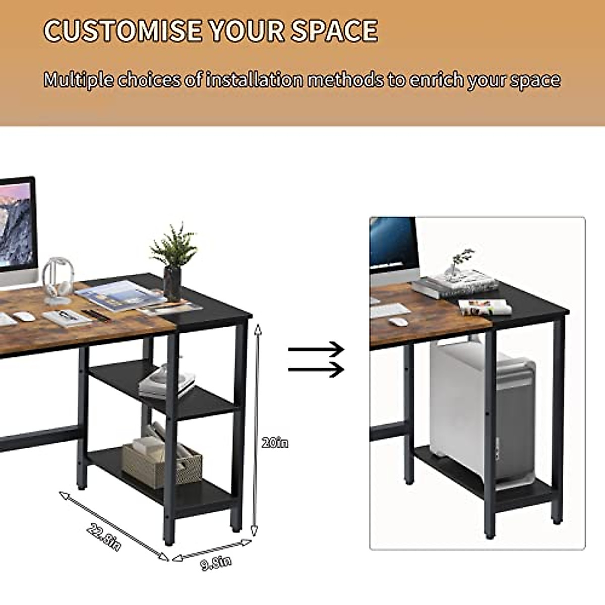 soges 55.1 Inch Home Office Computer Desk, Study Writing Table Desk with with Splice Board, Wooden Study Working Table Desk with 2-Tier Storage Shelf,Modern Laptop PC Table,CXYM-PB001B-140